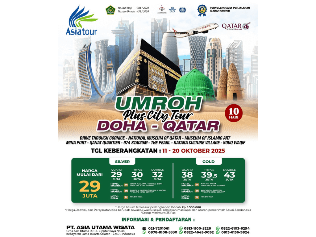 PAKET UMROH ASIATOUR PLUS DOHA QATAR 11 OKTOBER 2025 10 HARI | GOLD
