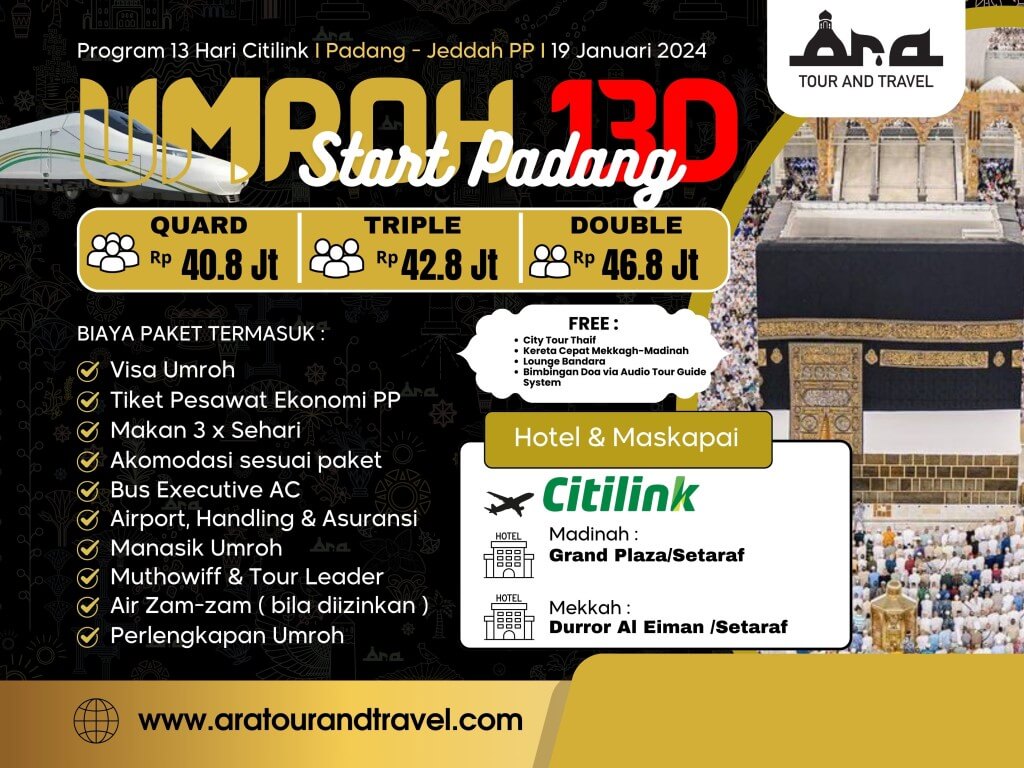 UMROH 13 HARI BY CITYLINK START PADANG LANDING JEDDAH 19 JAN 2024